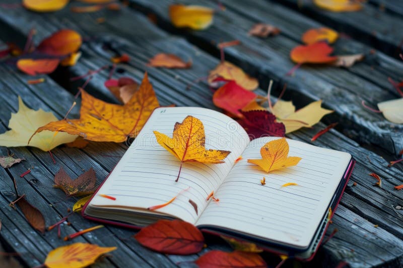 Autumn Leaves on Open Notebook on Wooden Background Stock Illustration ...
