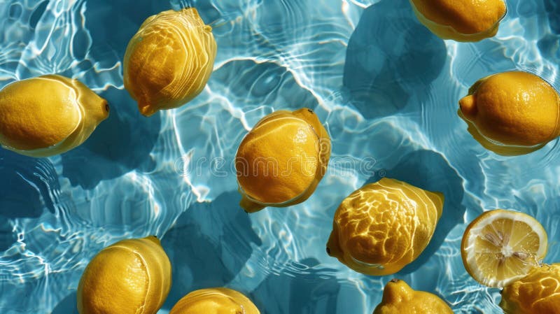 Vibrant Yellow Lemons Floating in Clear Blue Water, Creating a ...