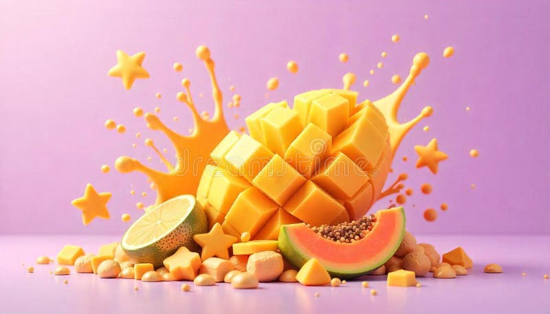 Vibrant Yellow Mango Explosion with Assorted Fruits Backdrop Stock ...