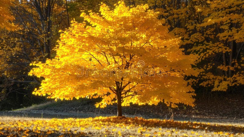 A Vibrant Yellow Maple Tree Stands Tall Amidst a Backdrop of Fall ...