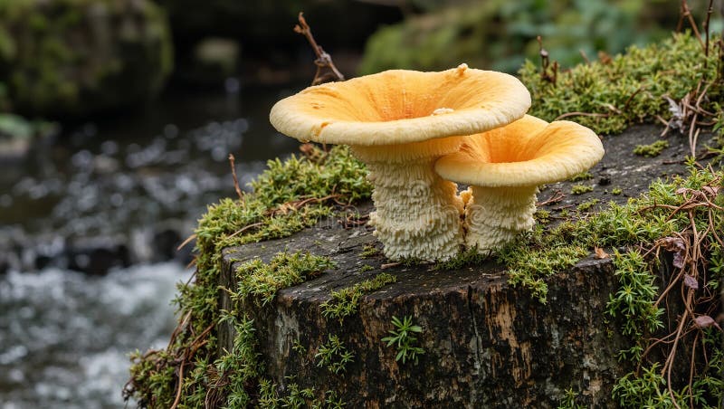 Vibrant Yellow Oyster Mushroom on Tree Stump by Creek Mossy Backdrop ...