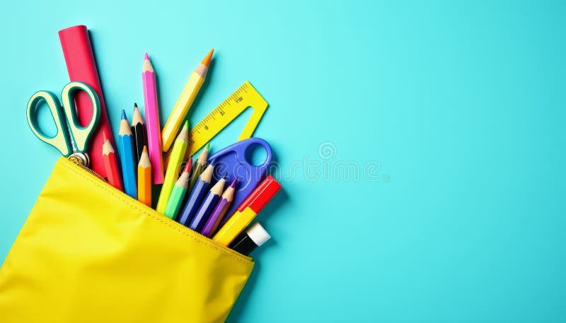 Vibrant Yellow Pencil Case Bursting with Colorful School Supplies on a ...