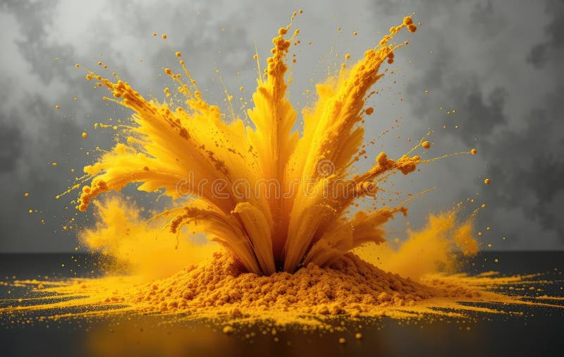 Vibrant Yellow Powder Explosion Creating Dynamic Burst on Reflective ...
