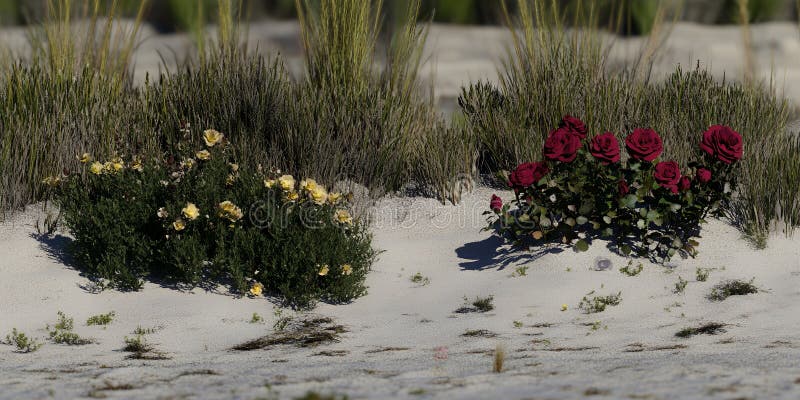Vibrant Yellow and Red Roses Blooming in Coastal Dune Grass Stock ...