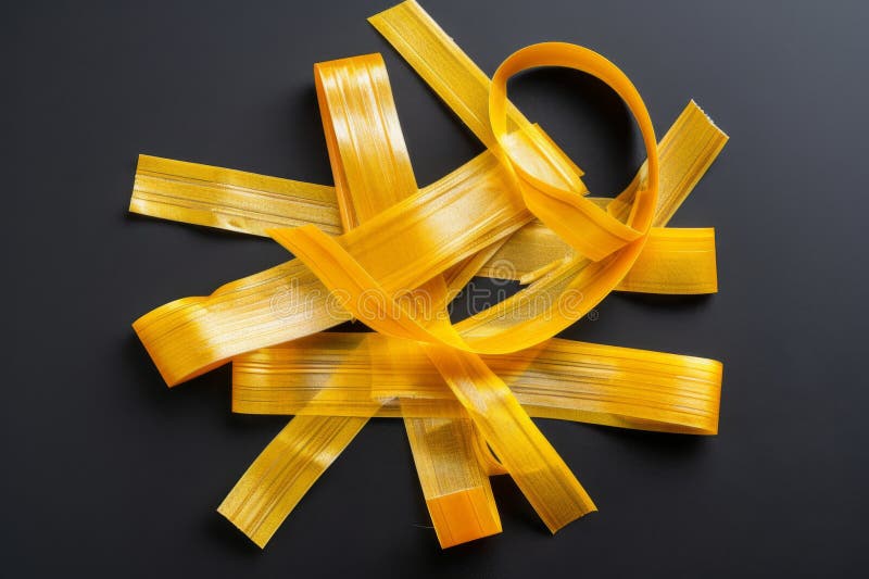 Vibrant Yellow Ribbons Scattered and Rolled on a Dark Textured Surface ...