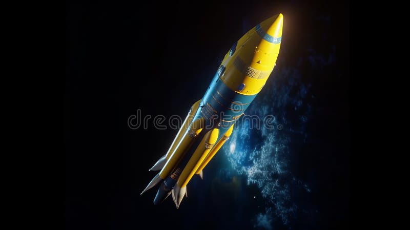 Vibrant Yellow Rocket in Space: Hyperrealistic Full Shot with Glowing ...