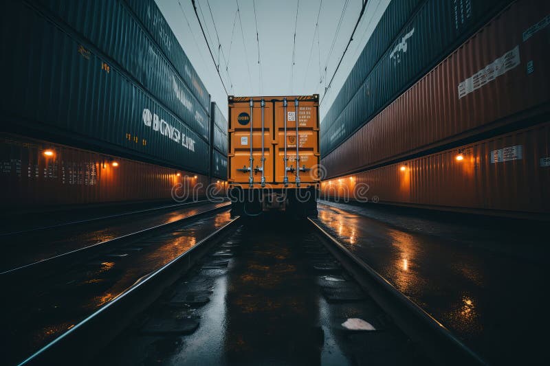 A Vibrant Yellow Shipping Container Stands between Rows of Cargo ...
