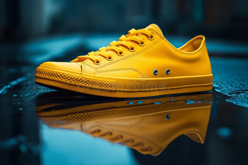 Vibrant Yellow Sneaker Reflecting in a Puddle on a Dark, Wet Surface ...
