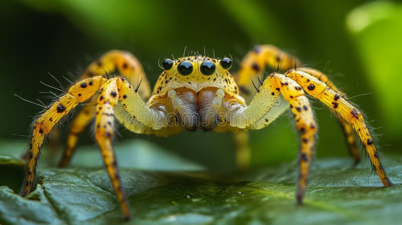 Bright Yellow Spider Perched on a Green Leaf Under Soft Sunlight Stock ...