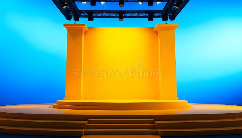A Vibrant Yellow Stage Set Against a Blue Gradient Backdrop Stock ...