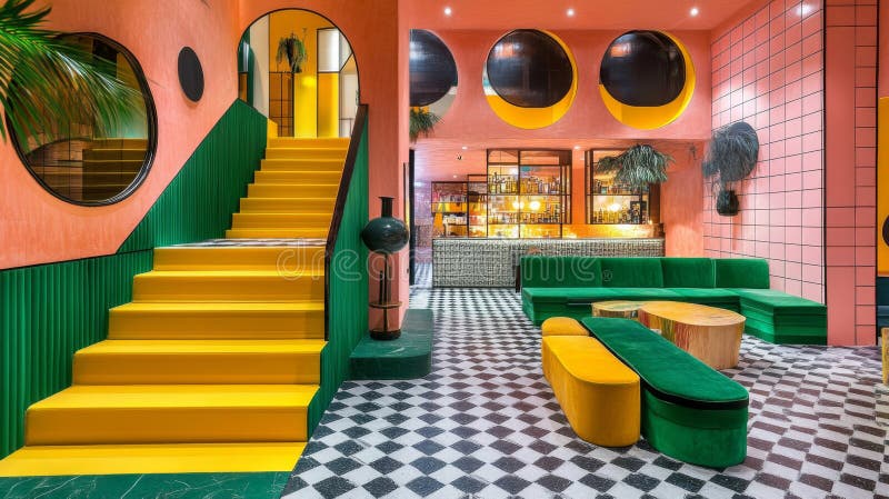 Vibrant Yellow Staircase and Green Lounge in Retro Interior Design ...