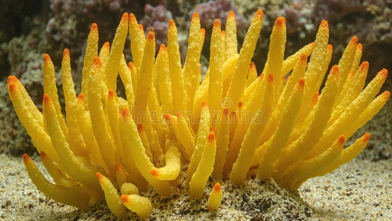 Vibrant Yellow Tube Corals with Orange Polyps on Rocky Surface Stock ...