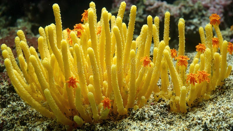 Vibrant Yellow Tube Corals with Orange Polyps on Rocky Surface Stock ...