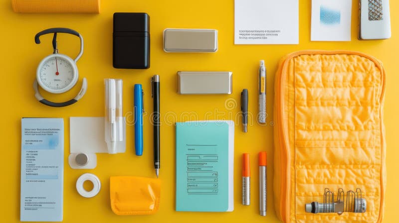 Yellow Workspace Setup with Stationery, Medical Tools, and a Notebook ...