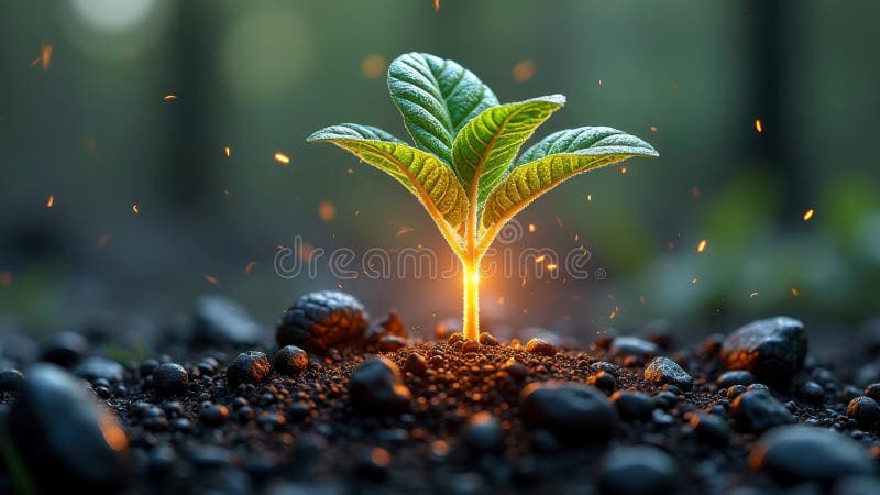 Vibrant Young Plant Sprouting in Glowing Soil with Sparks and Rocks ...