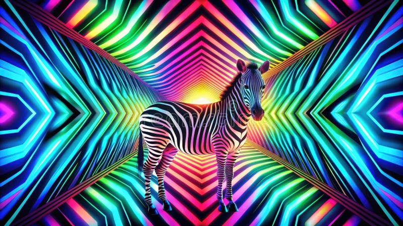 A Vibrant Zebra Stands in a Psychedelic Neon Corridor of Light and ...