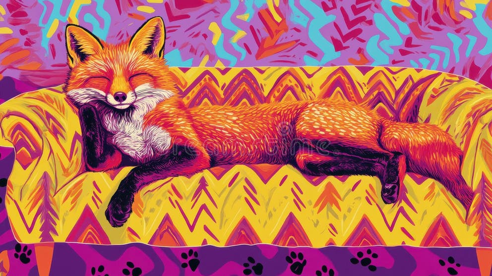 Vibrantly Colored Fox Relaxing on a Patterned Sofa in Contemporary Art ...