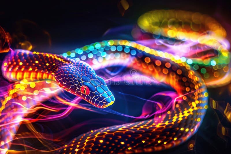 Vibrantly Colored Snake Illustration with Psychedelic Patterns and Neon ...