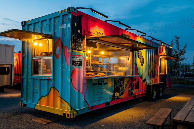 Vibrantly Painted Food Truck with Open Doors, AI-generated. Stock Photo ...