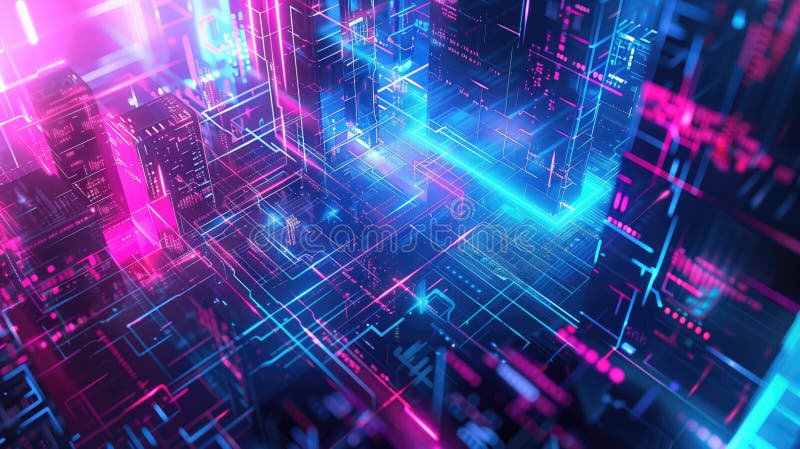 Vibrating Printed Circuit Board and Data Flow Digital Network.Neon ...