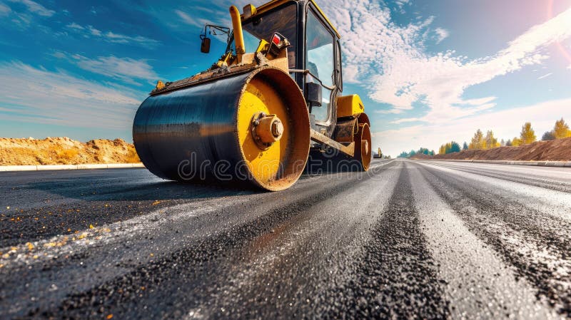 A Vibrating Roller Machine Compacting Freshly Laid Asphalt on a Sun ...