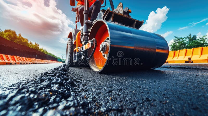 A Vibrating Roller Machine Compacting Freshly Laid Asphalt on a Sun ...