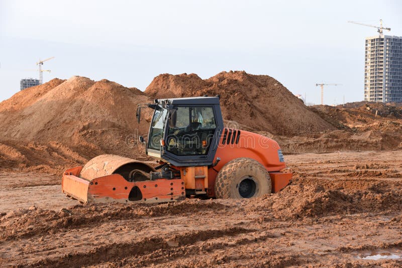 Vibration Single-cylinder Road Roller Leveling the Ground for the ...