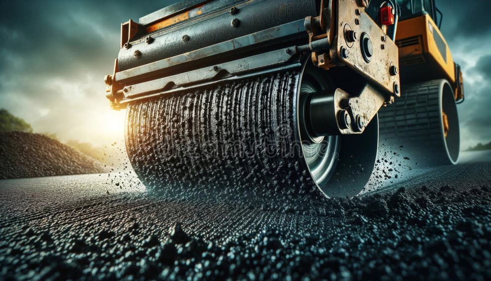 Vibratory Roller Compacts Fresh Asphalt on the Road. Generative AI ...