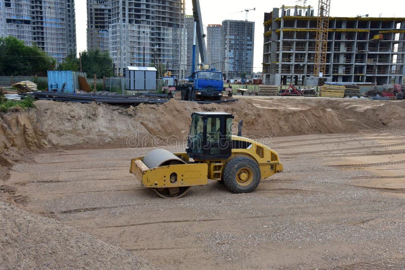 Vibro Roller Soil Compactor Leveling Ground at Construction Site ...