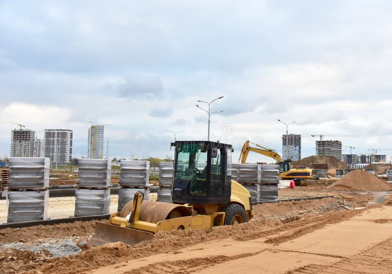 Vibro Roller Soil Compactor Leveling Ground at Construction Site ...