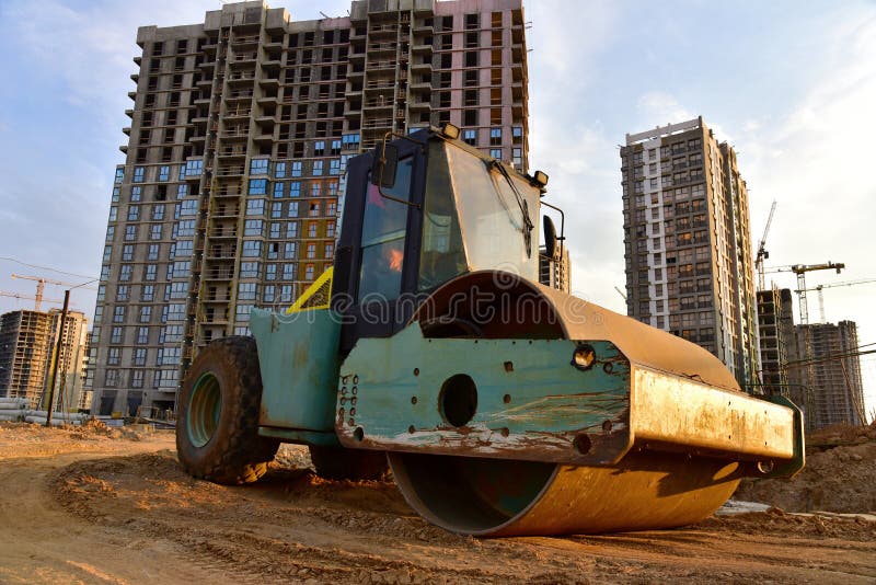 Vibro Roller Soil Compactor Leveling Ground at Construction Site ...
