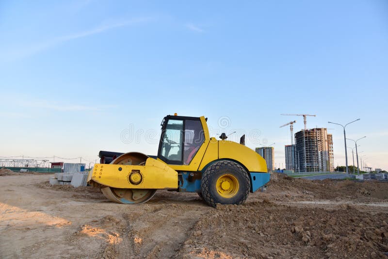 Vibro Roller Soil Compactor Leveling Ground at Construction Site ...