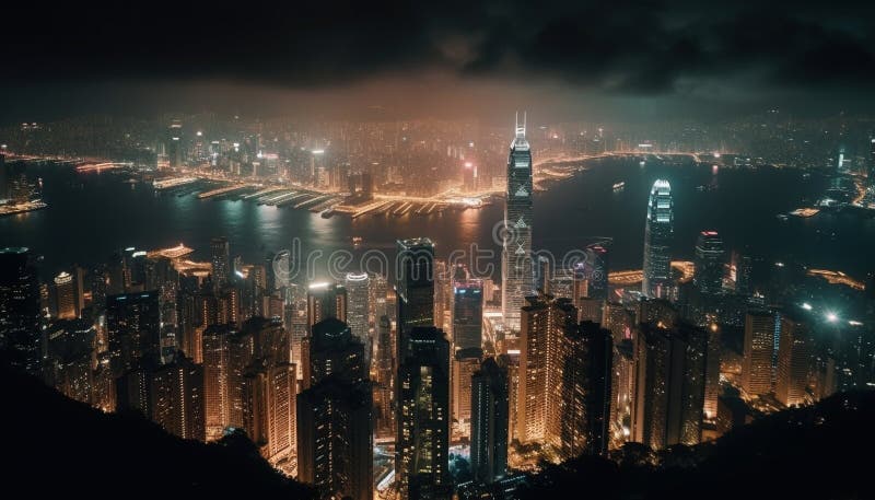 Victoria Peak Skyline Illuminates the Night Sky Generated by AI Stock ...