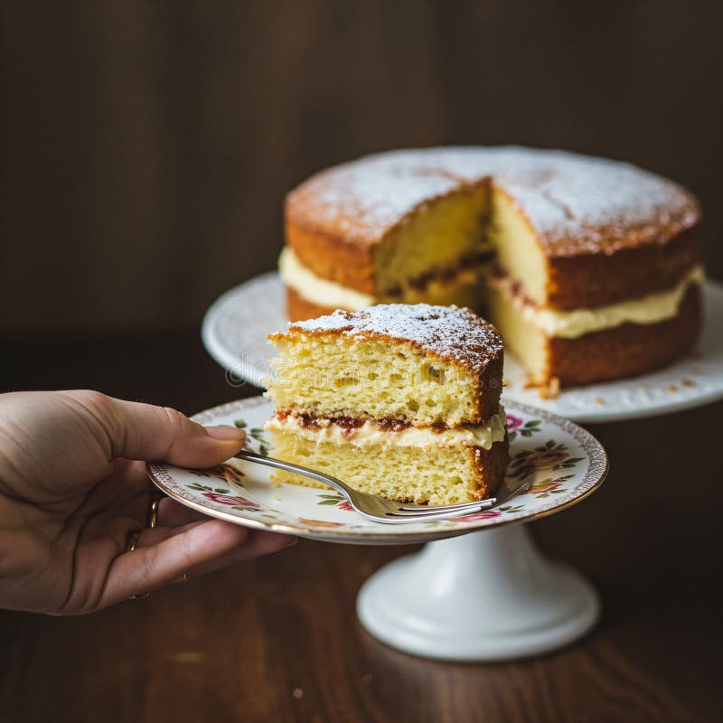 Victoria Sponge Cake Slice on a Floral Plate Stock Illustration ...