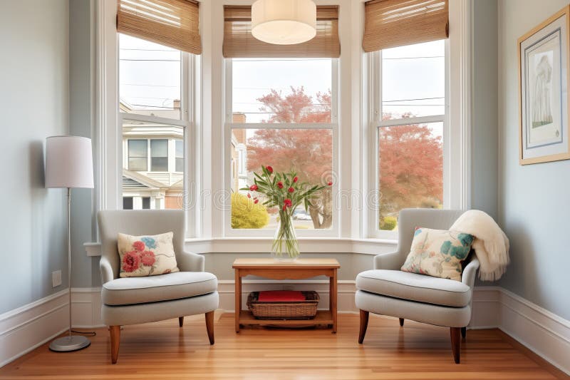 Victorian Bay Window with Cozy Reading Corner Setup Stock Image - Image ...