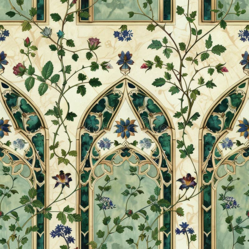 Victorian Botanical Wallpaper with Gothic Arch Patterns Stock Image ...