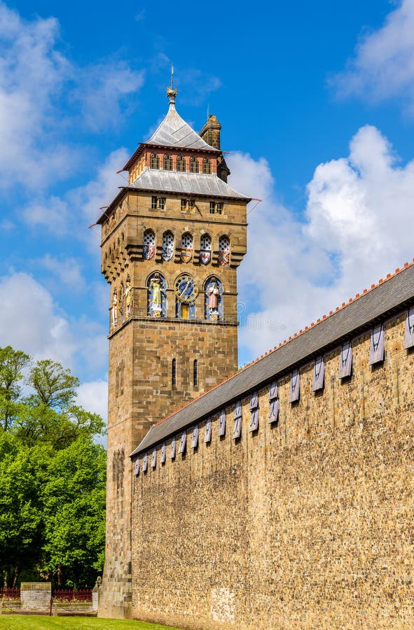 Victorian Clock Tower of Cardiff Castle Stock Image - Image of flag ...