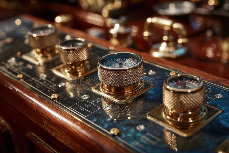Victorian Navigation Console with Compass, Knurled Knobs and Meters on Panel, Retro Maritime ...