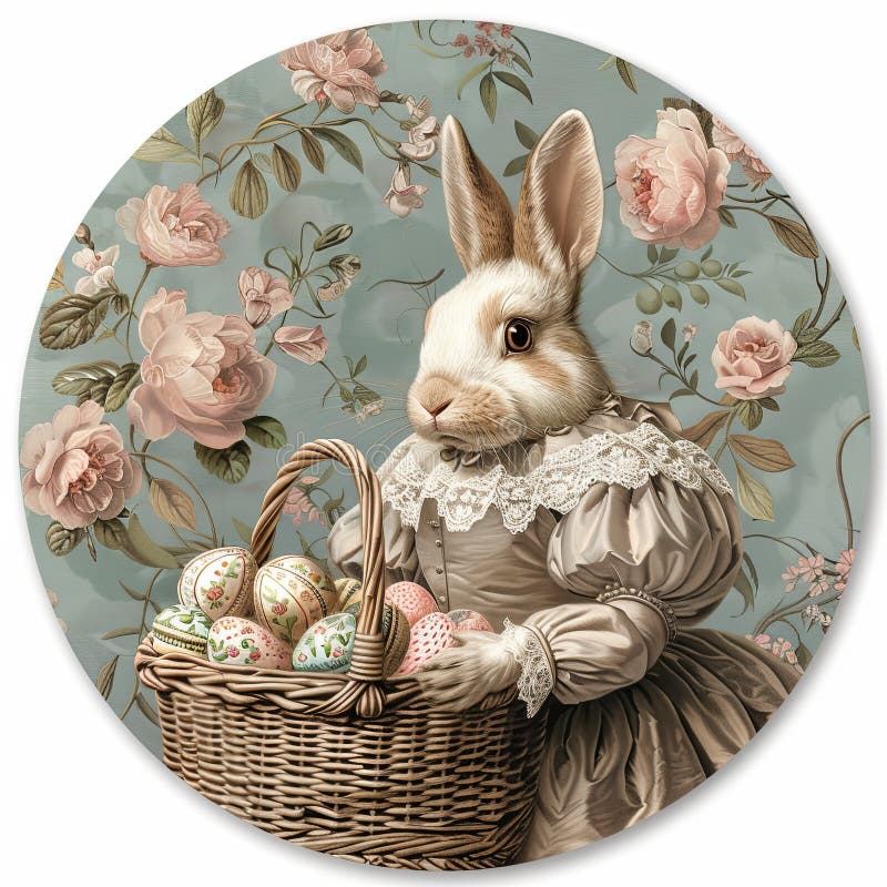 Victorian-dressed Bunny with an Easter Egg Basket Stock Illustration ...