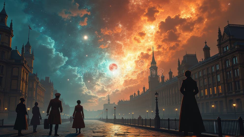 Victorian Era Figures Under a Surreal, Divided Sky Stock Illustration ...