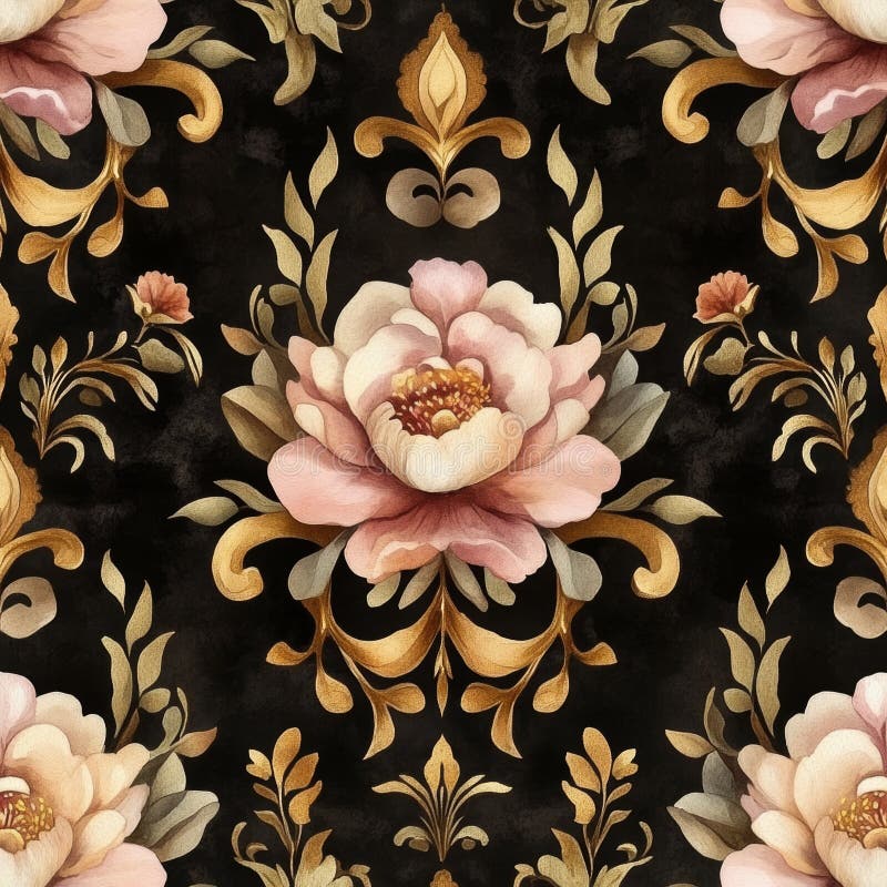 A Victorian Floral Design on a Black Background. Elegant Damask ...