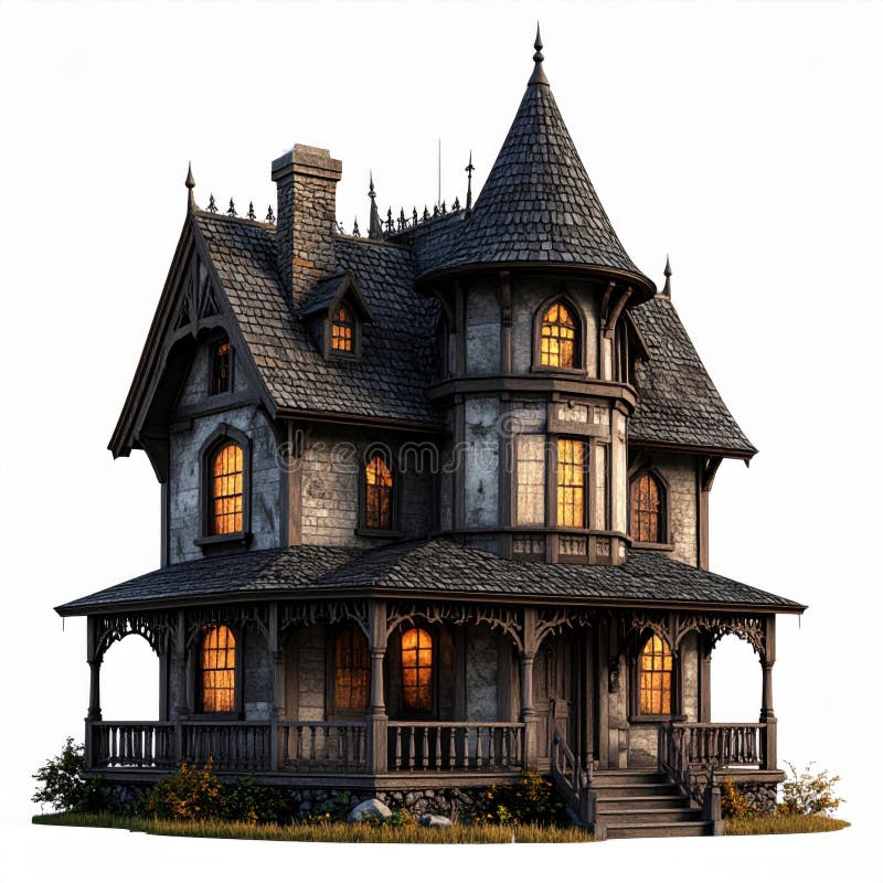 Victorian Gothic House with Warm Lights at Dusk Stock Illustration ...