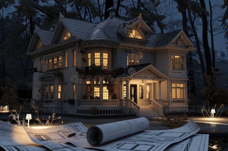 A Dream Home Renovation Under the Night Sky Stock Illustration ...