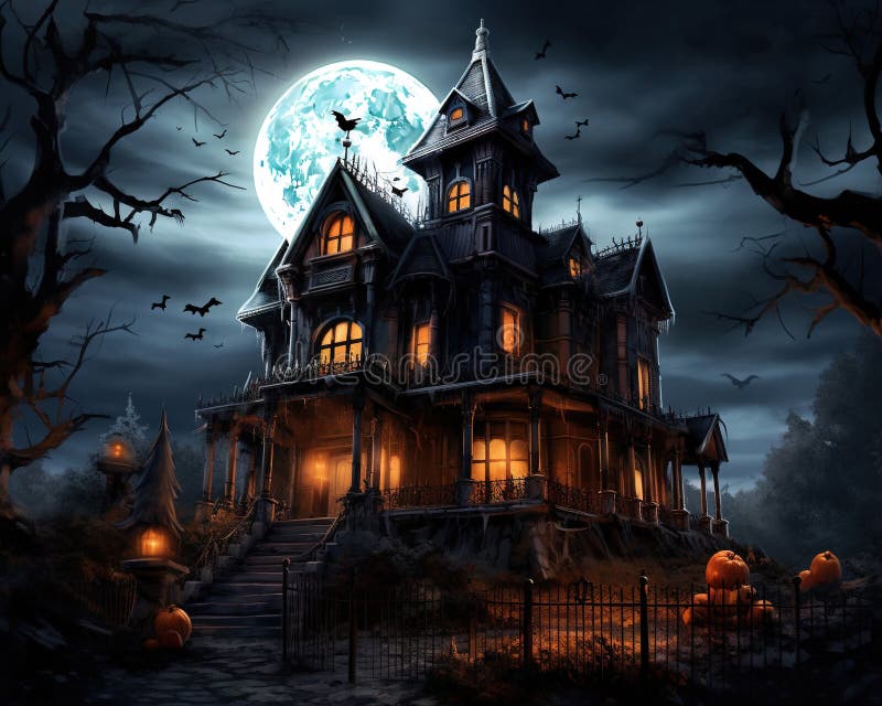 Victorian House of Terror with a Full Moon. Stock Illustration ...