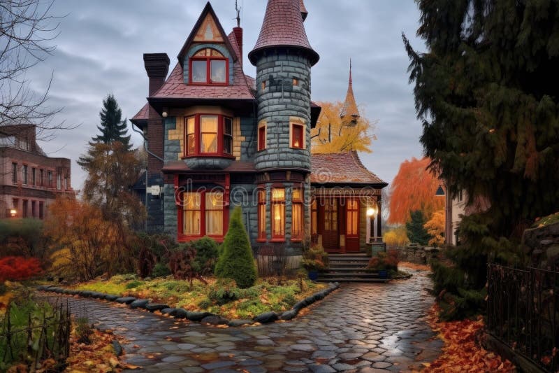 A Victorian House with a Turret and a Cobblestone Pathway Stock Photo ...
