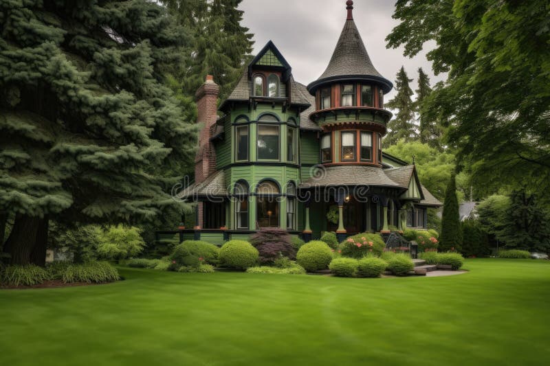 A Victorian House with a Turret and a Lush Green Lawn Stock Image ...