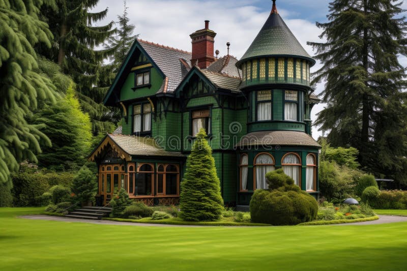A Victorian House with a Turret and a Lush Green Lawn Stock Image ...