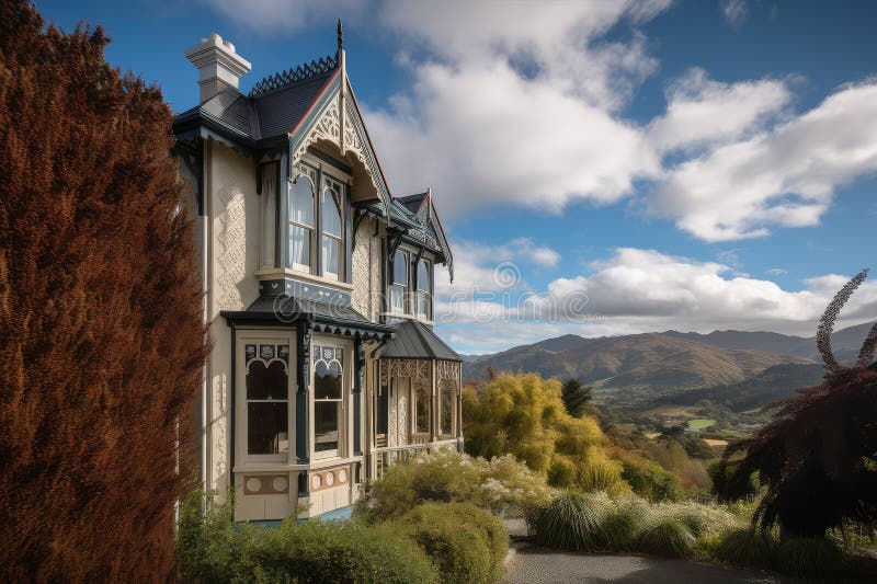 Victorian House with View of Mountain Range, Framed by Blue Sky and ...