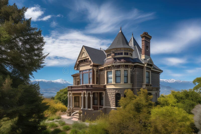 Victorian House with View of Mountain Range, Framed by Blue Sky and ...