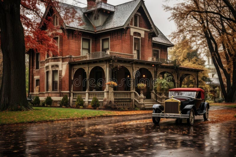 A Victorian House with a Vintage Car Parked in the Driveway Stock Image ...